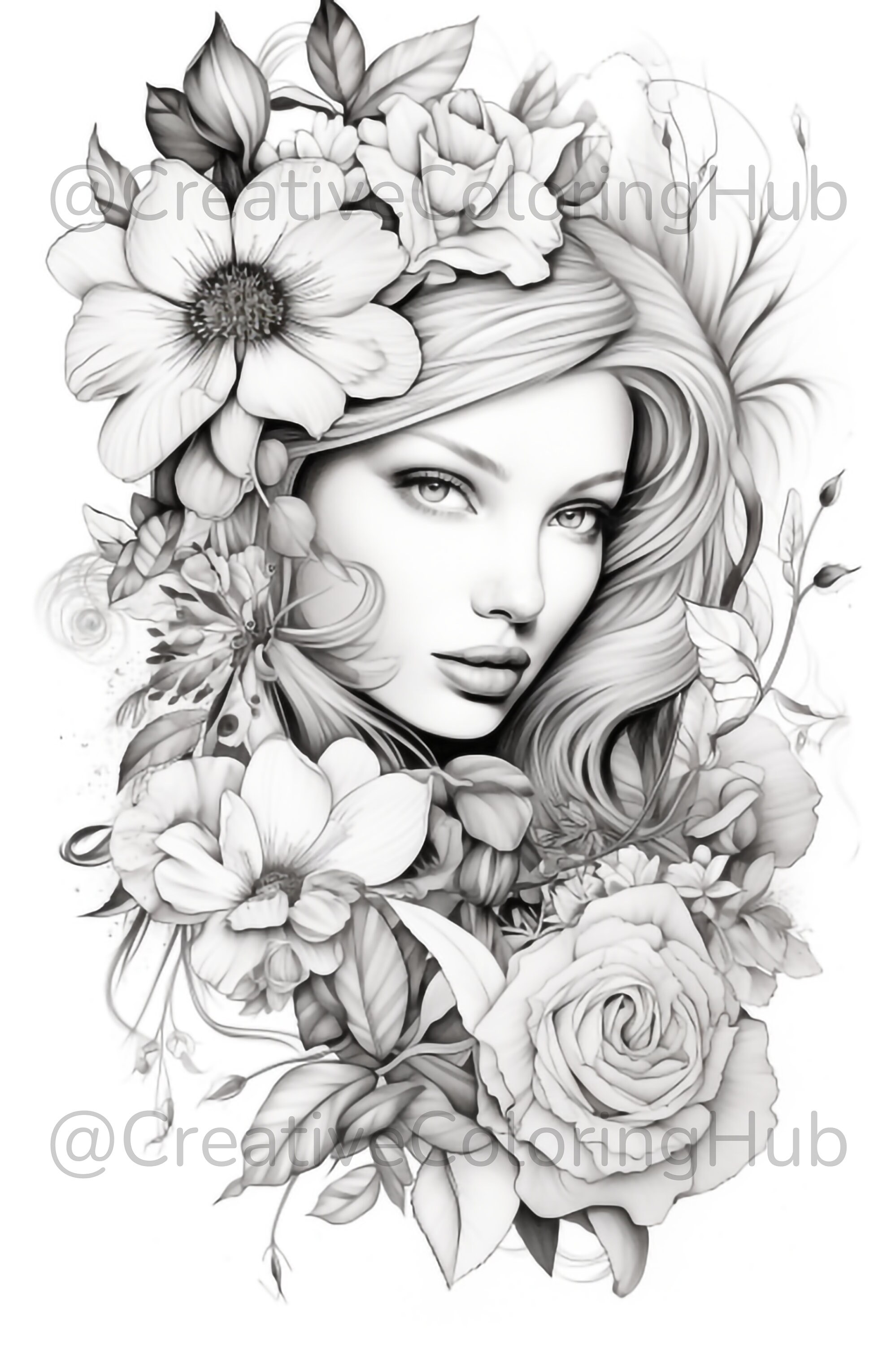 JENNIFER Ultra-realistic Coloring Page Women With Flowers - Etsy