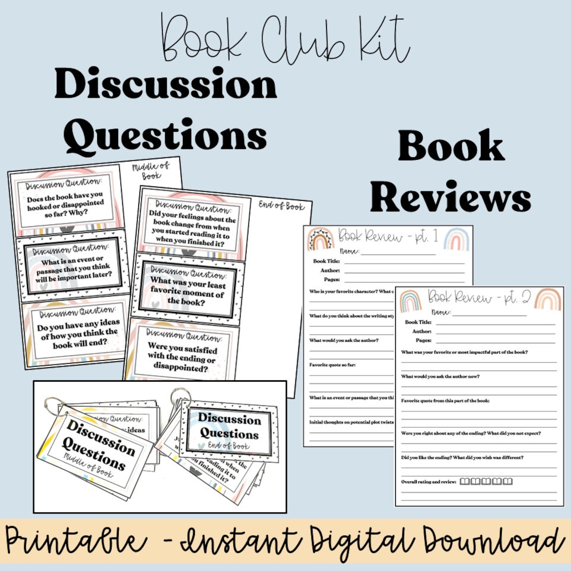 Book Club Printable Kit, Book Review, Book Discussion Questions, Book ...