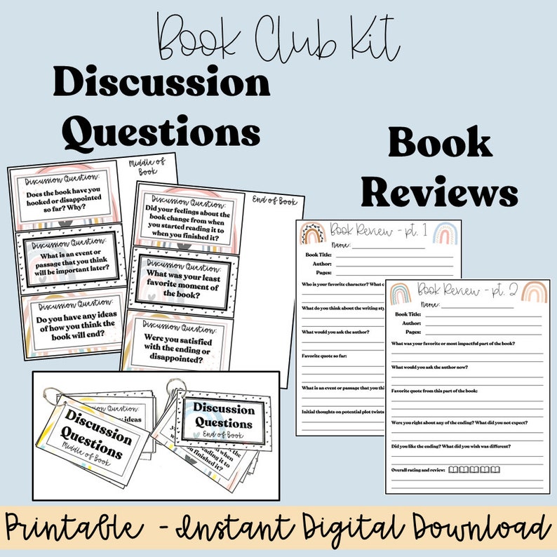 Book Club Printable Kit, Book Review, Book Discussion Questions, Book ...