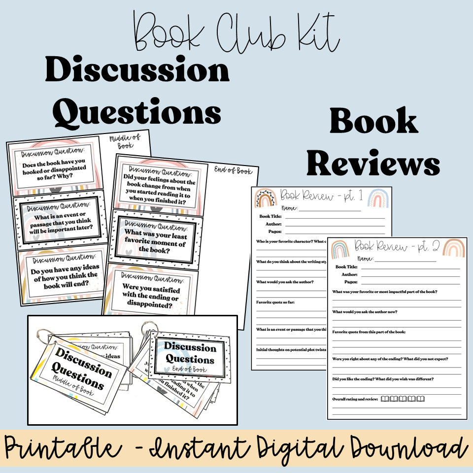 Book Club Printable Kit, Book Review, Book Discussion Questions, Book ...