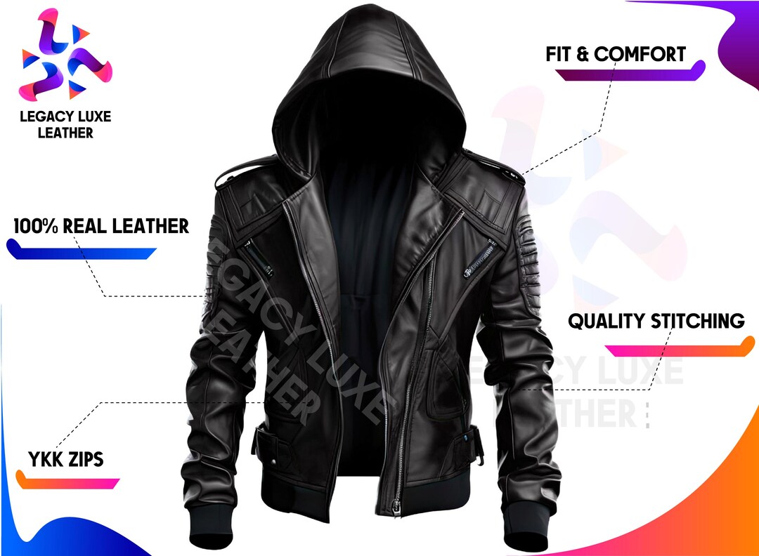 Men's Black Sheepskin Leather Biker Jacket: Hooded Motorcycle Jacket - Etsy