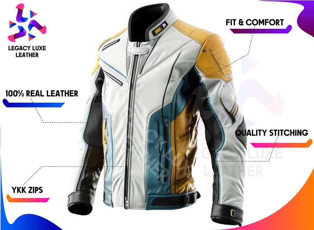 Men's Cowhide Leather Biker Jacket: Yellow, Blue & White Motorcycle ...