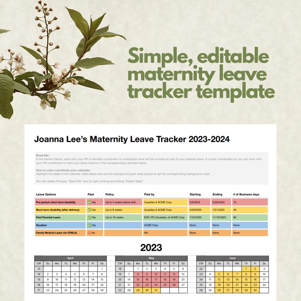 Simple, Editable Maternity Leave Tracker Template - Etsy