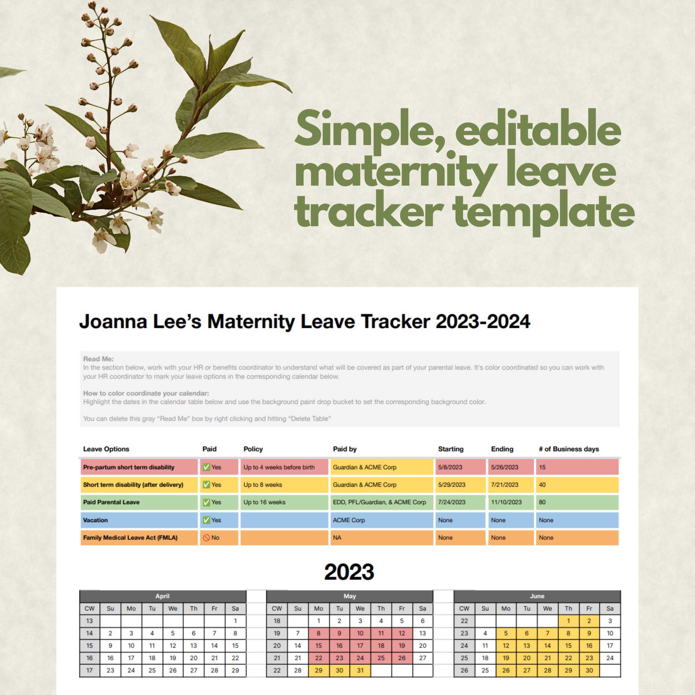 Simple, Editable Maternity Leave Tracker Template - Etsy