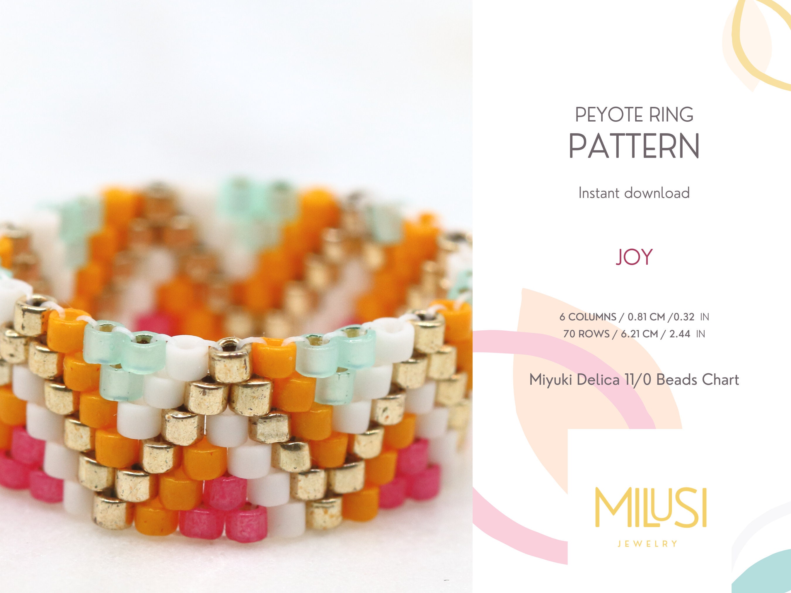 Even Peyote Ring Pattern, Miyuki Delica Seed Bead Pattern, Gold Orange ...