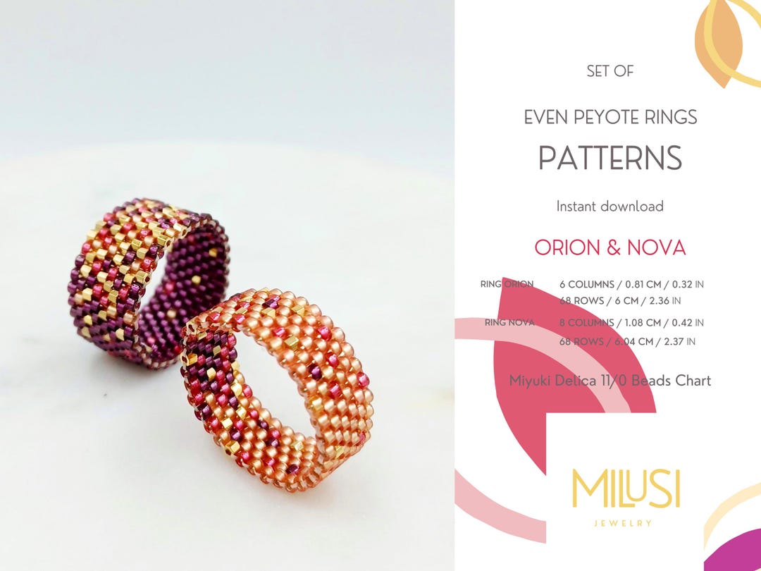 Set of 2 Even Count Peyote Ring Patterns, Narrow and Wide Gold Light ...