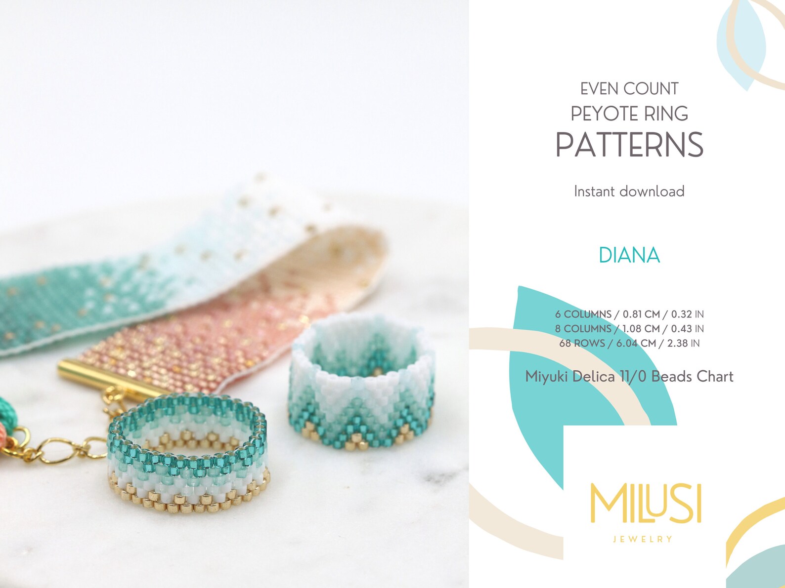 Set of 2 Even Peyote Ring Patterns, Miyuki Delica Seed Bead, Gold Teal ...