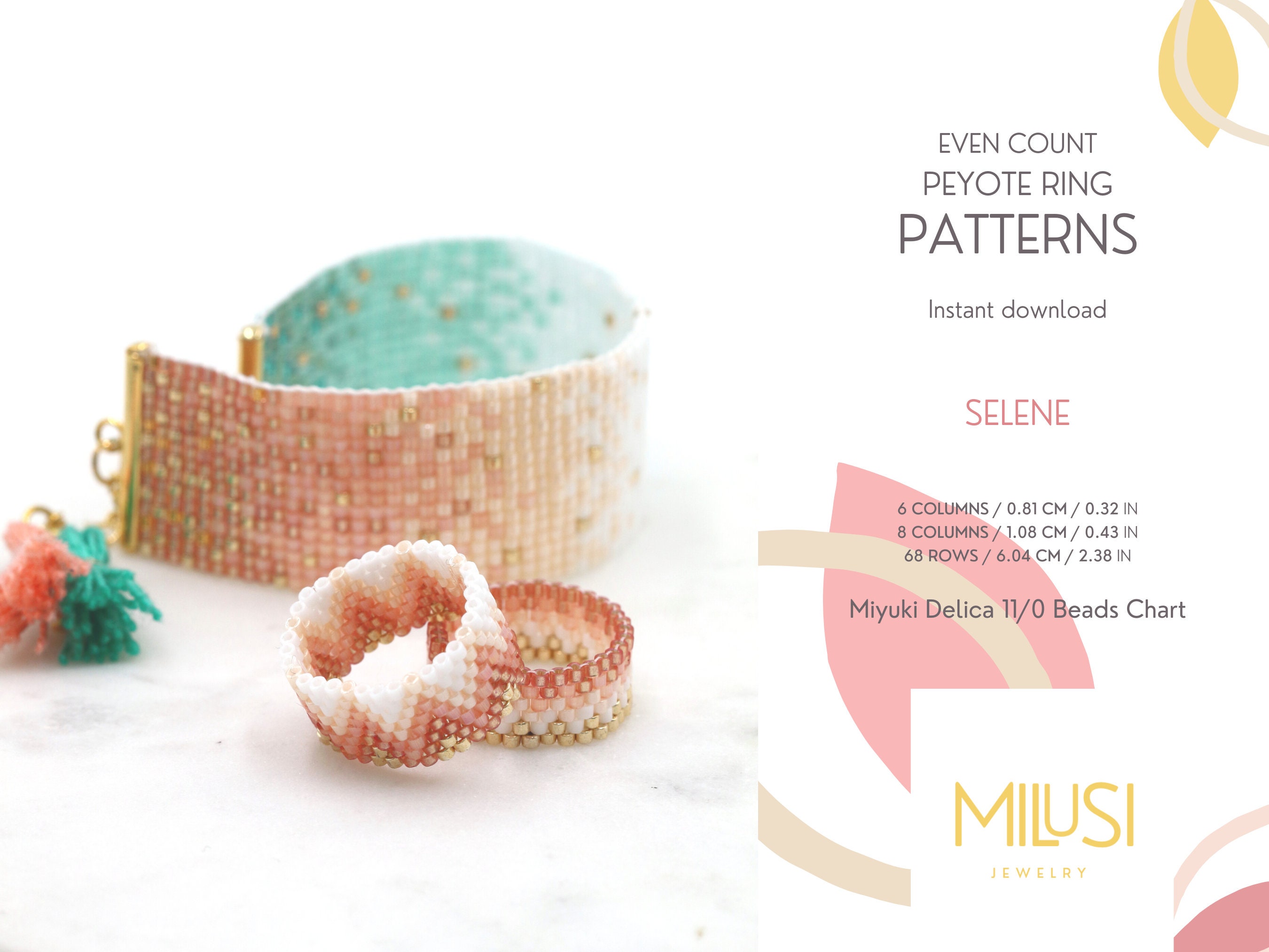 Set of 2 Even Peyote Ring Patterns, Miyuki Delica Seed Bead, Gold ...