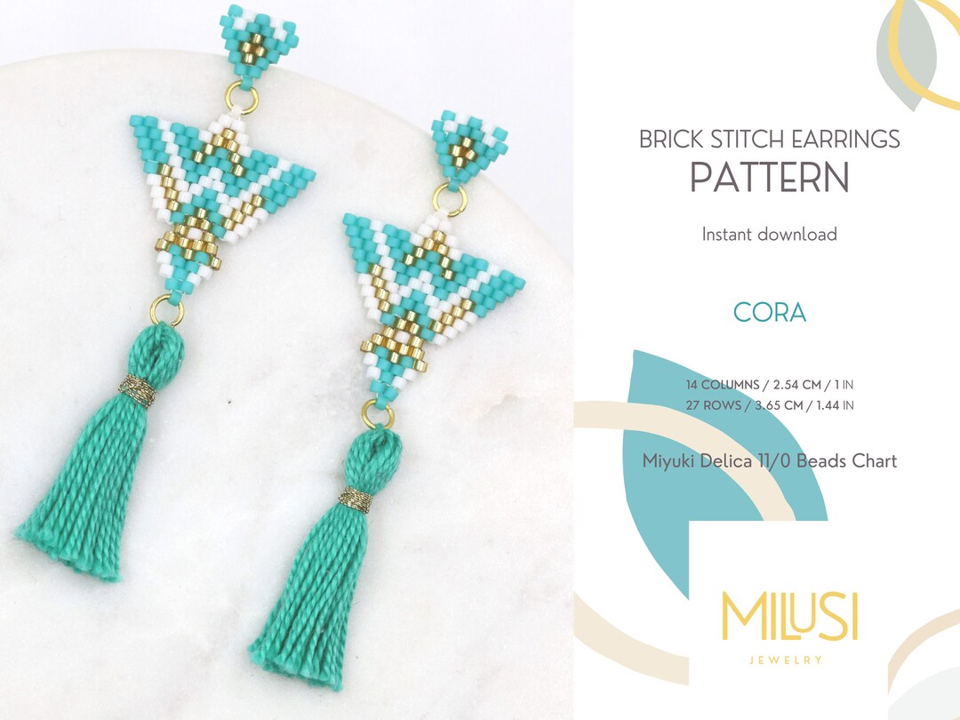 Brick Stitch Earrings Pattern, Green Gold White Tassel Miyuki Delica ...