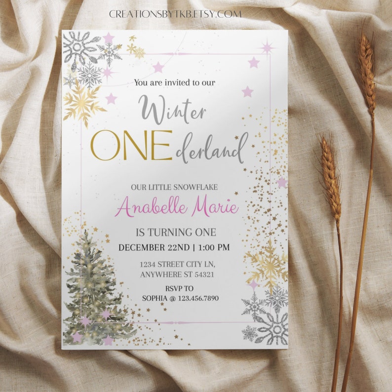 Editable WINTER Onederland Invitation | Pink, Silver and Gold Winter ...