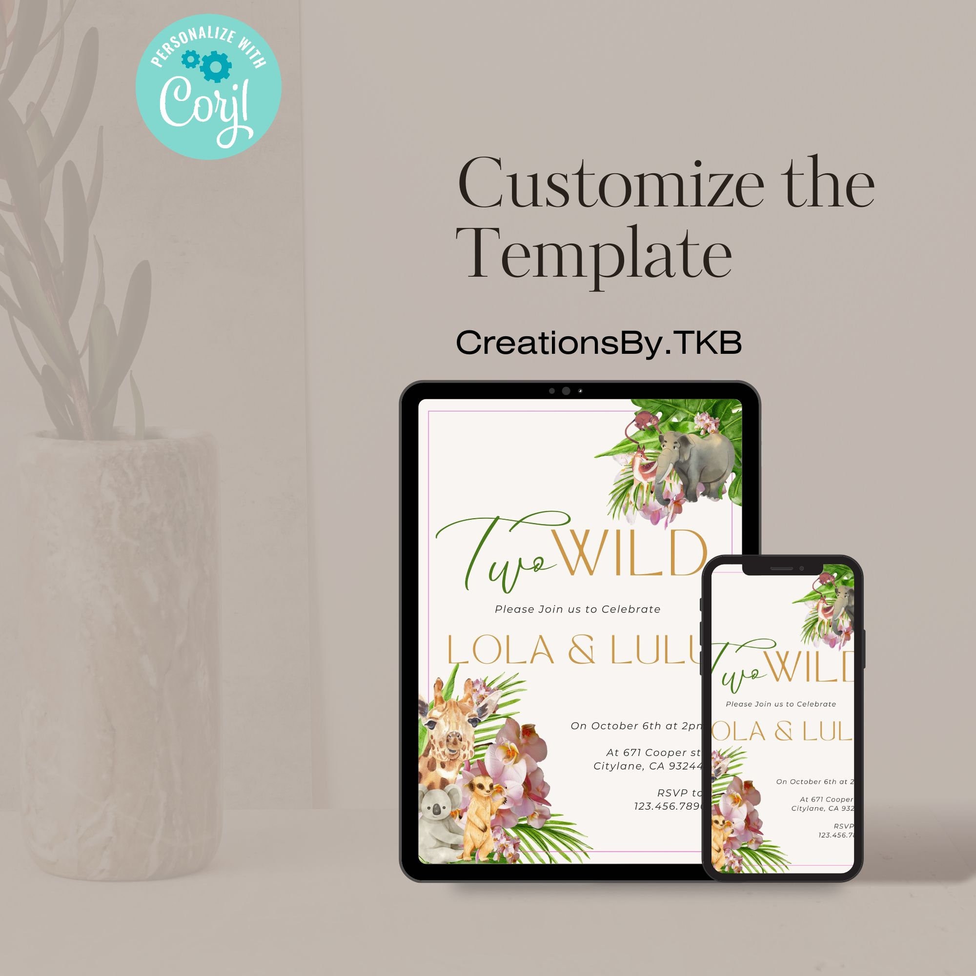 Editable Two Wild Print Jungle Animals Twins Birthday Party - Etsy