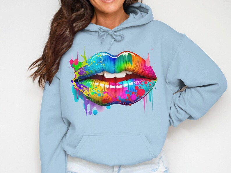 Cool Neon Dripping Lips Tee,rainbow Lips Art Graphic T-shirt, Trendy ...