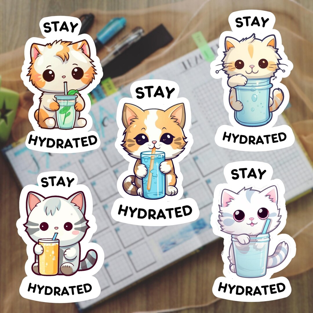 Stay Hydrated Cat Sticker Set // Vinyl Decals, Cute Cat Sticker ...