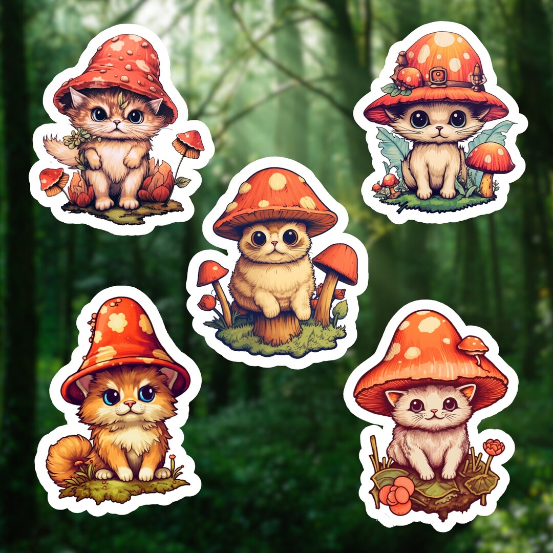 Mushroom Cat Sticker Set // Cute Cat Sticker, Mushroom Hat, Cottagecore ...