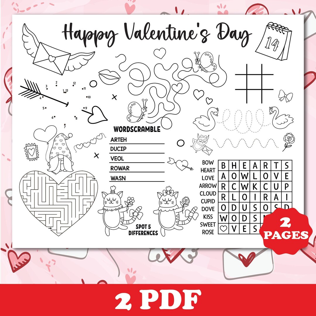 Valentine's Day Activity Placemats for Kids, Printable Valentine ...