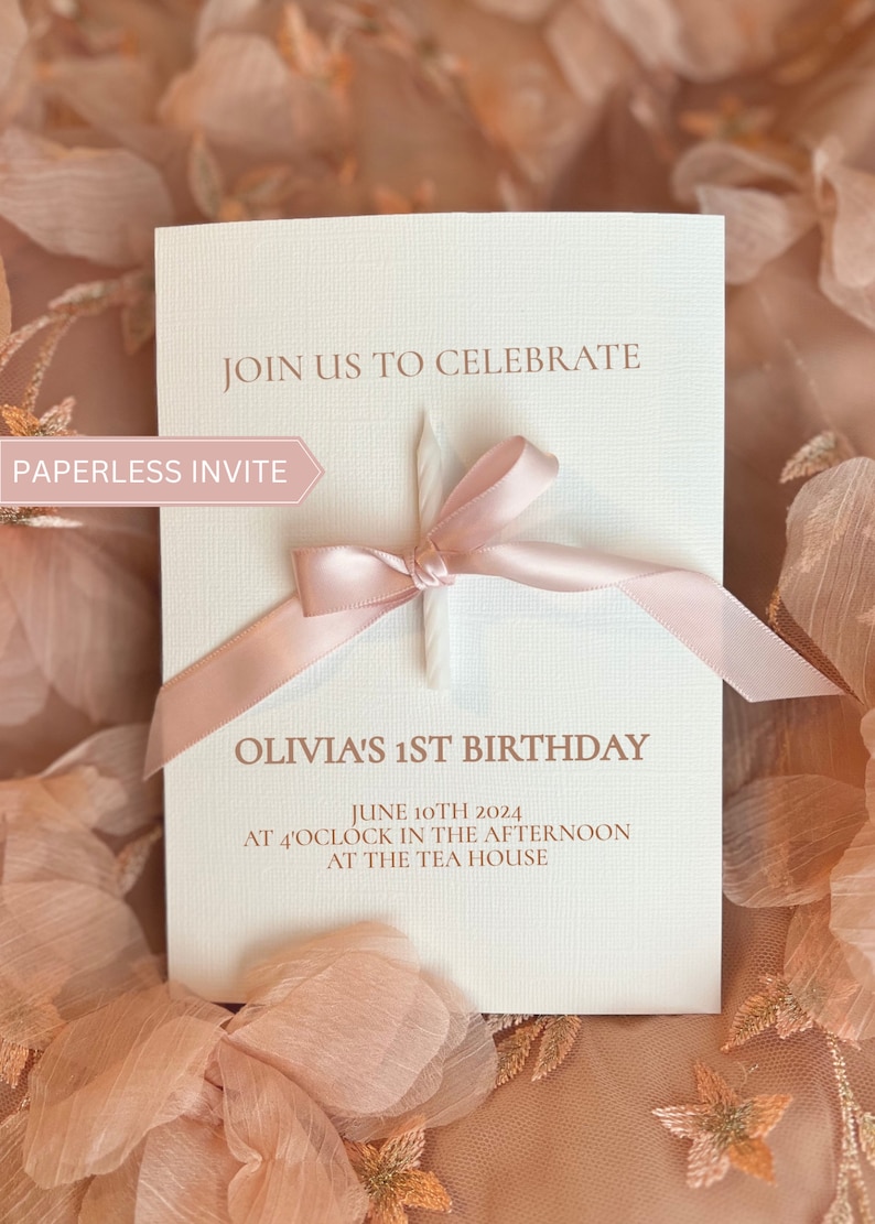 Editable Pink Bow Candle First Birthday Invitation, Cute Custom Digital Announcement, Evite ...