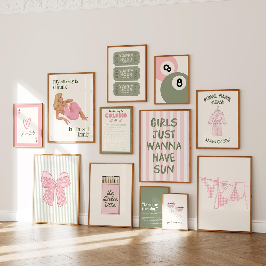 Pink and Sage Green Wall Art Gallery Set of 12 Prints Cute Girly ...