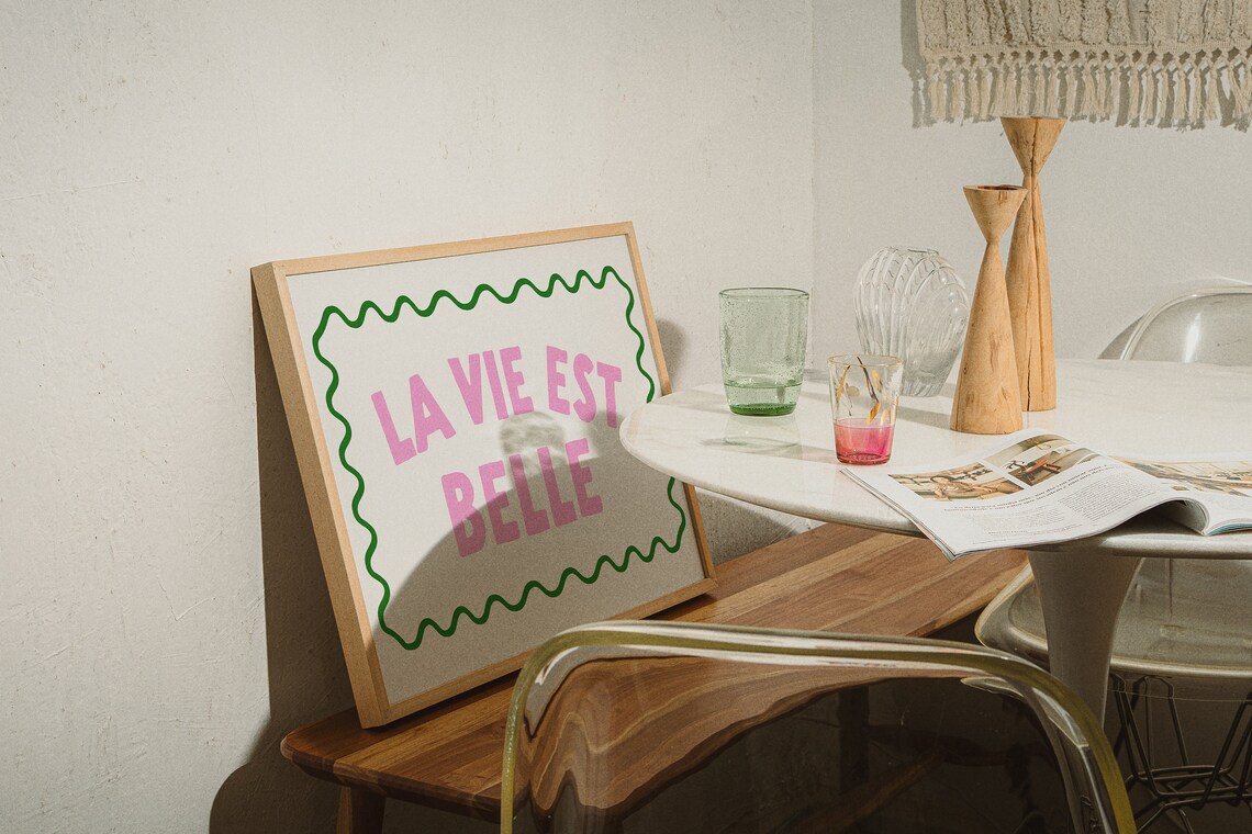 French Retro Print Typography La Vie Est Belle Wall Art Danish Pastel ...