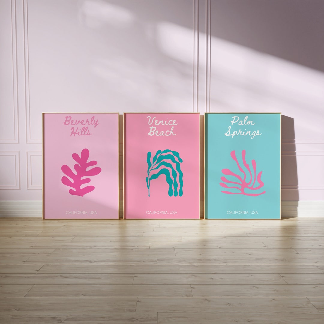 Set of 3 Preppy Beach Wall Art Posters Pastel Pink Instant Digital ...