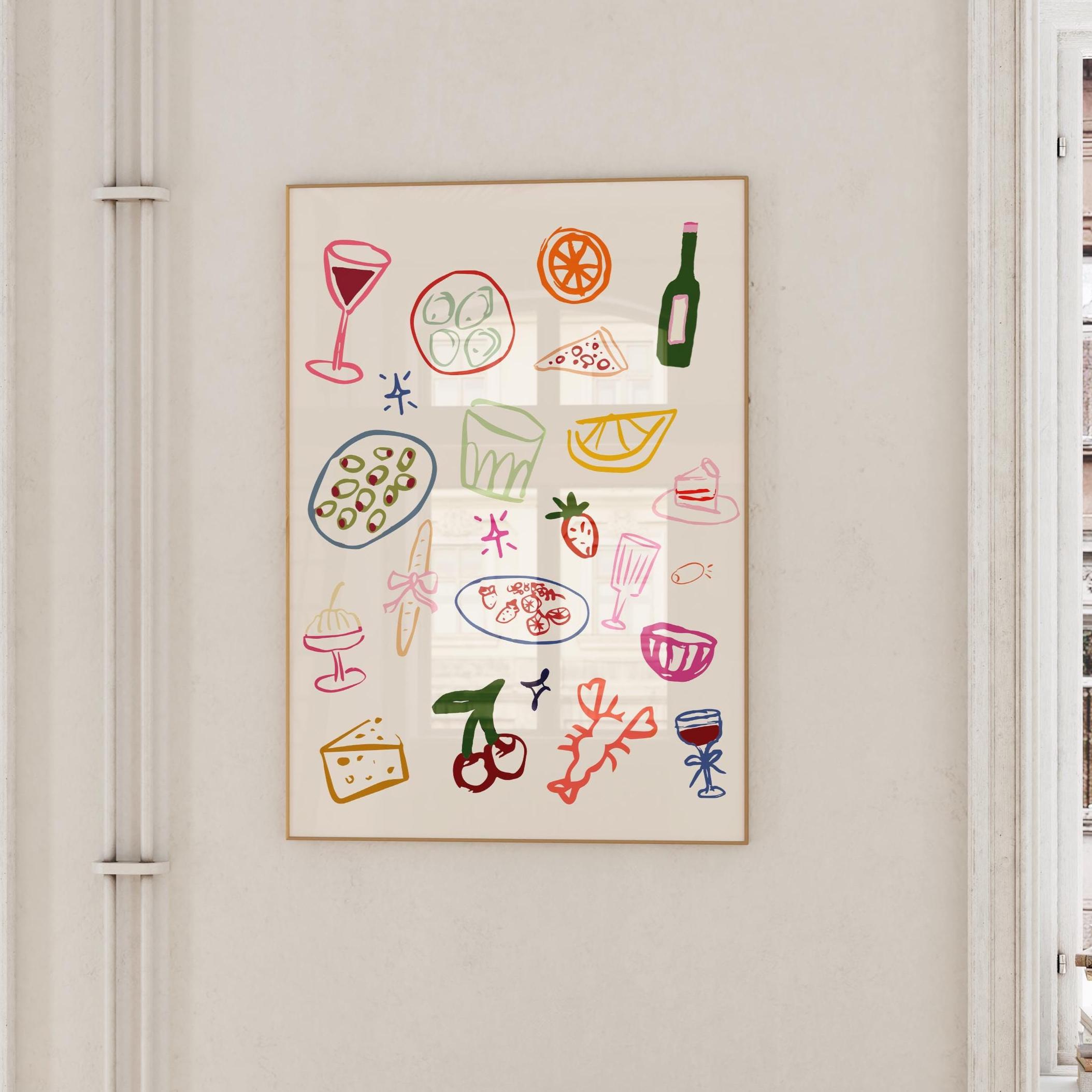 Cute Kitchen Print Girl Dinner Doodles Trendy Dining Room Wall Art ...