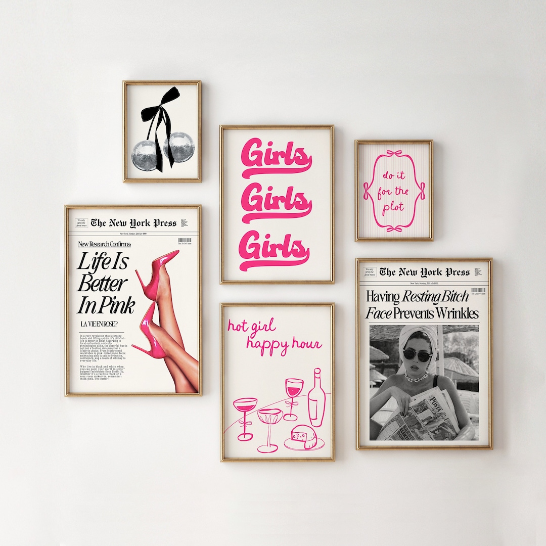 Hot Pink and Black Wall Gallery Set of 6 Trendy Digital Download Prints ...