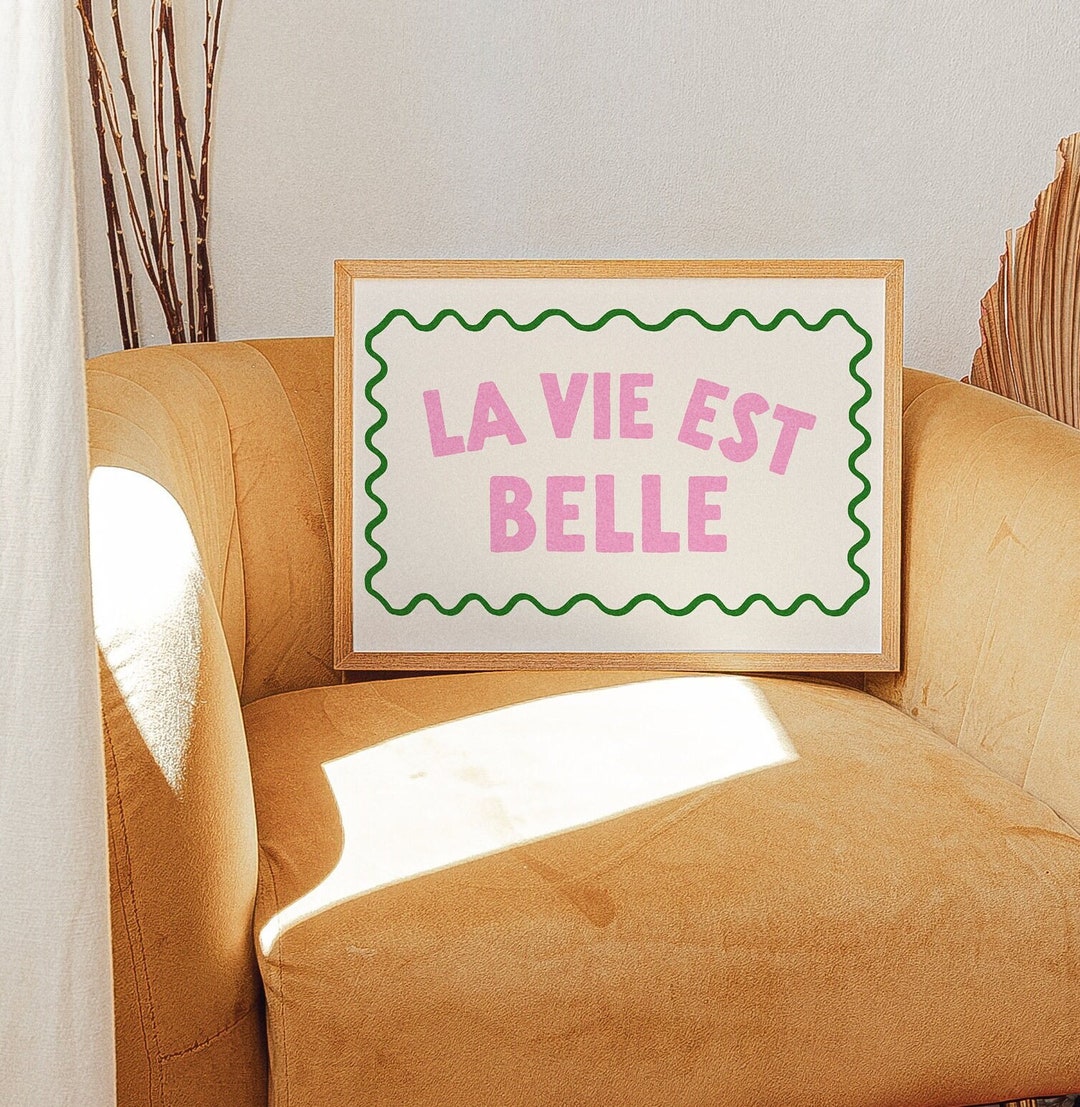 French Retro Print Typography La Vie Est Belle Wall Art Danish Pastel ...