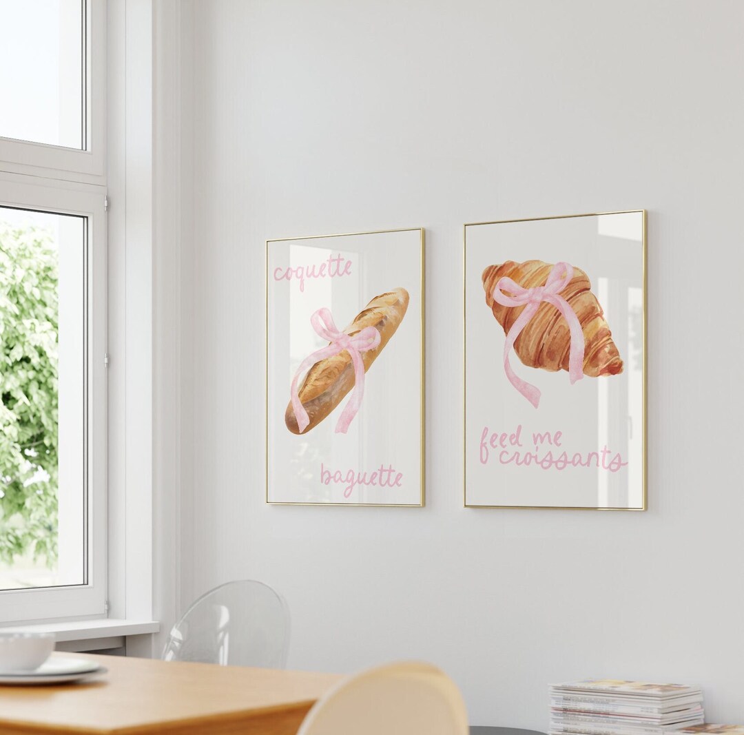 Set of 2 Coquette French Girly Print Croissant Pastry Wall Art Cute ...