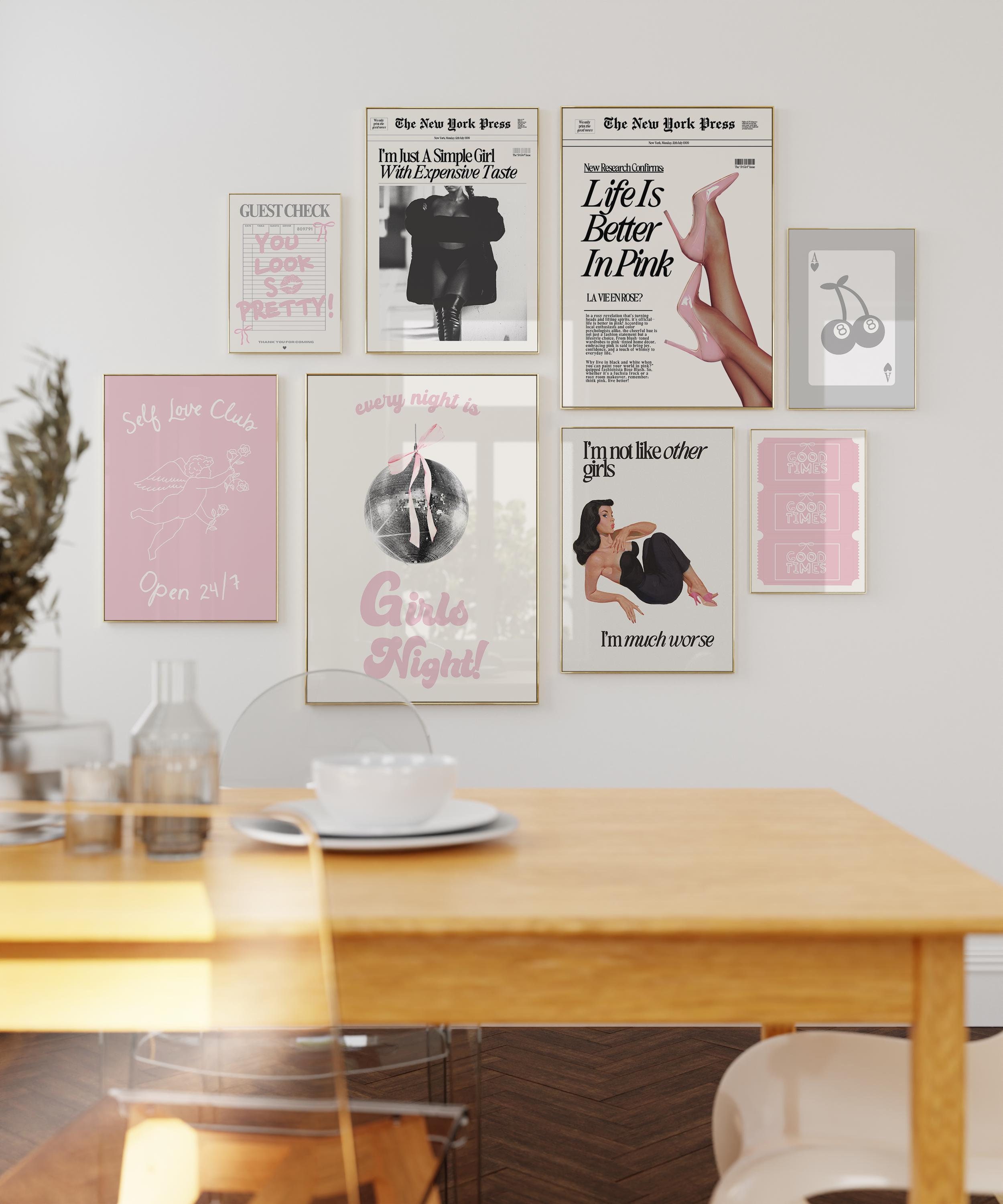 8 Grey and Pink Trendy Girly Wall Gallery Prints Retro Vintage ...