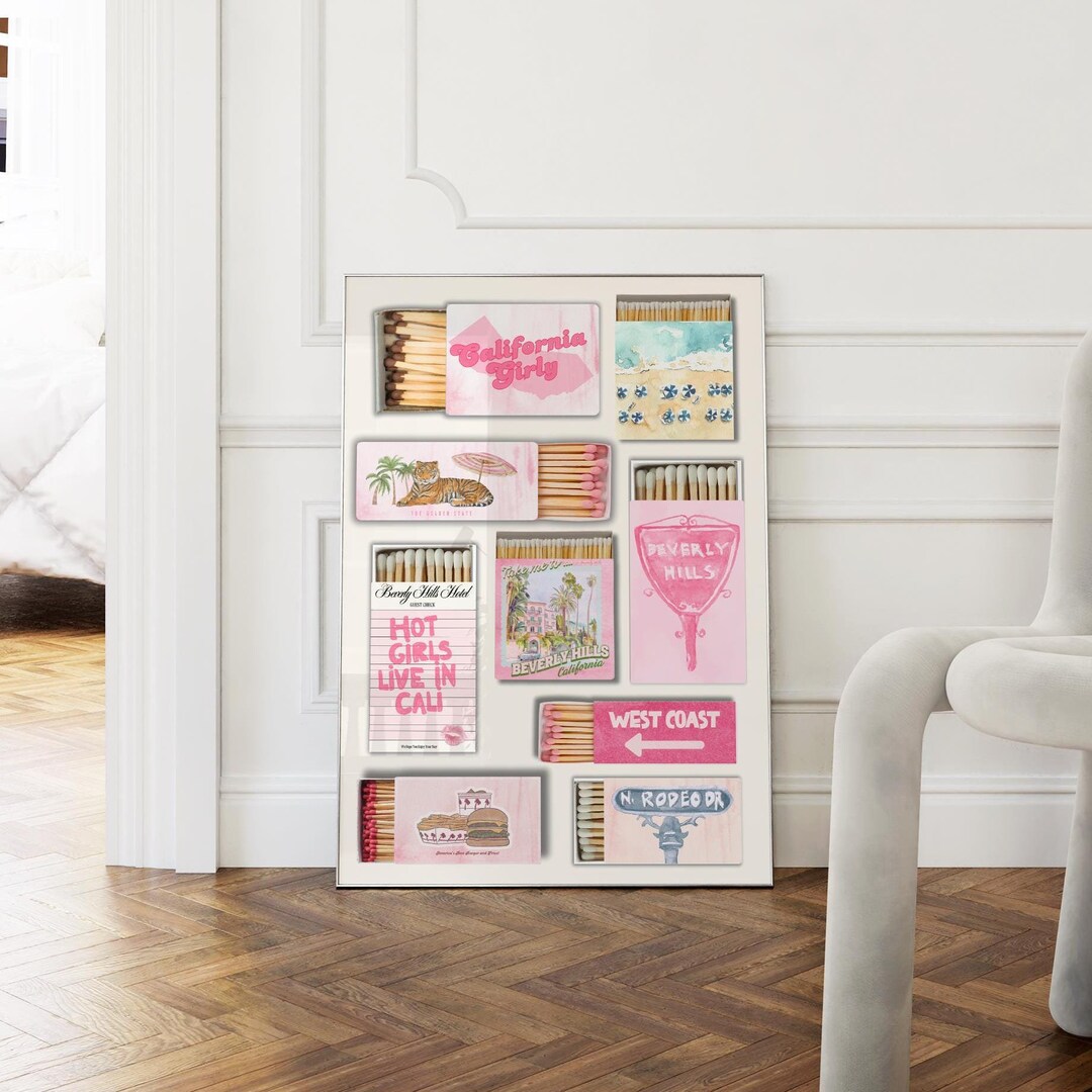 California Matchbox Art Print Pink Trendy Matches Poster, Vintage Retro ...