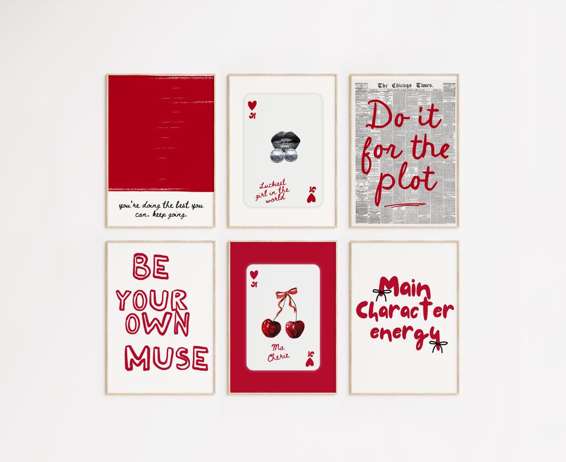Vintage Red Gallery Wall Set Digital Download 6 Prints Bedroom College ...