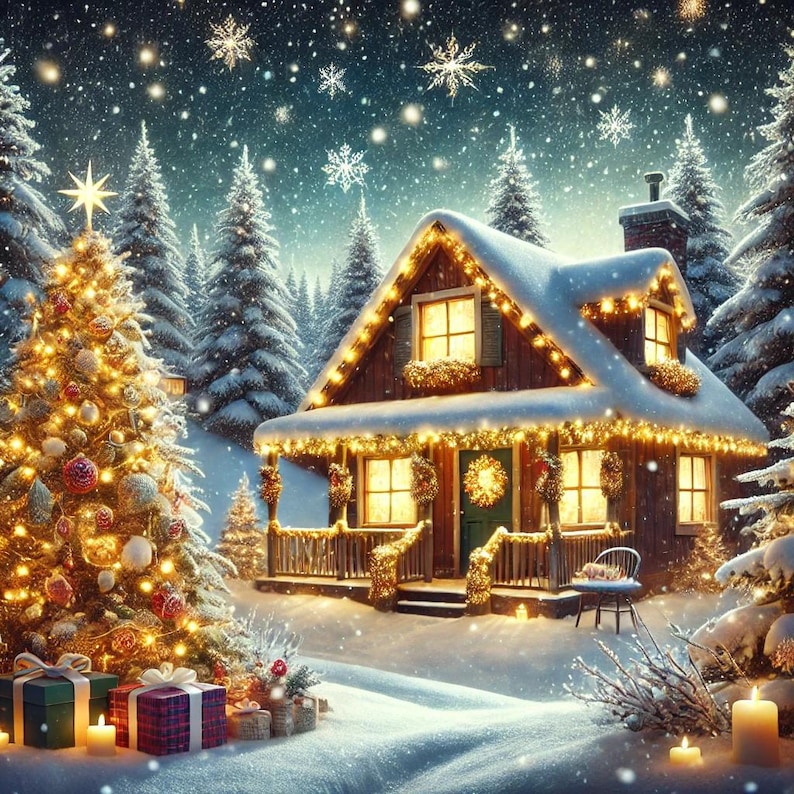 Cozy Christmas Cottage Art Print | Festive Winter Wonderland Scene ...
