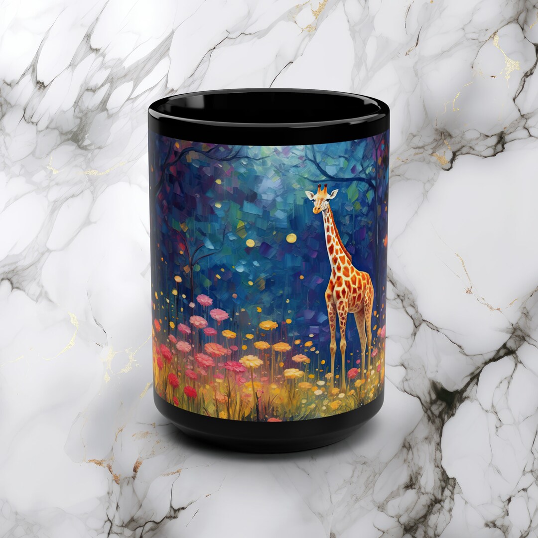 Giraffe Black Mug 15oz Coffee AI Art Giraffes Van Gogh Inspired Kitchen ...