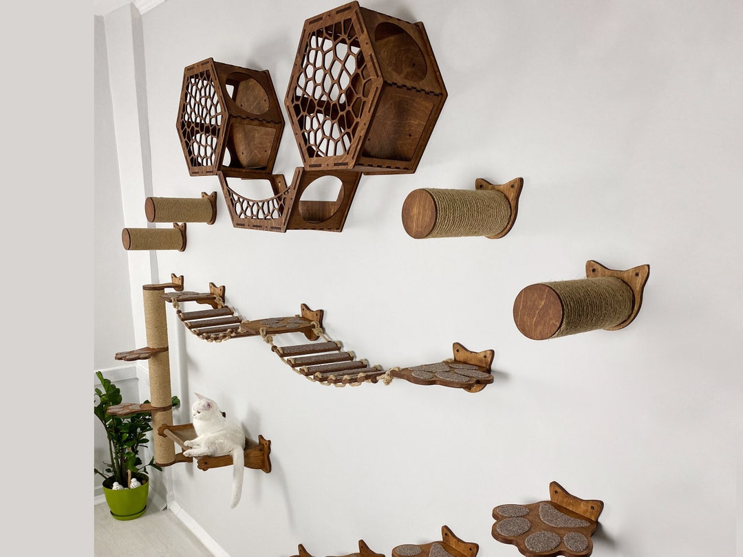 Cat Wall Furniture Set, Modern Cat Wall Shelves, Wooden Cat Tree Tower ...