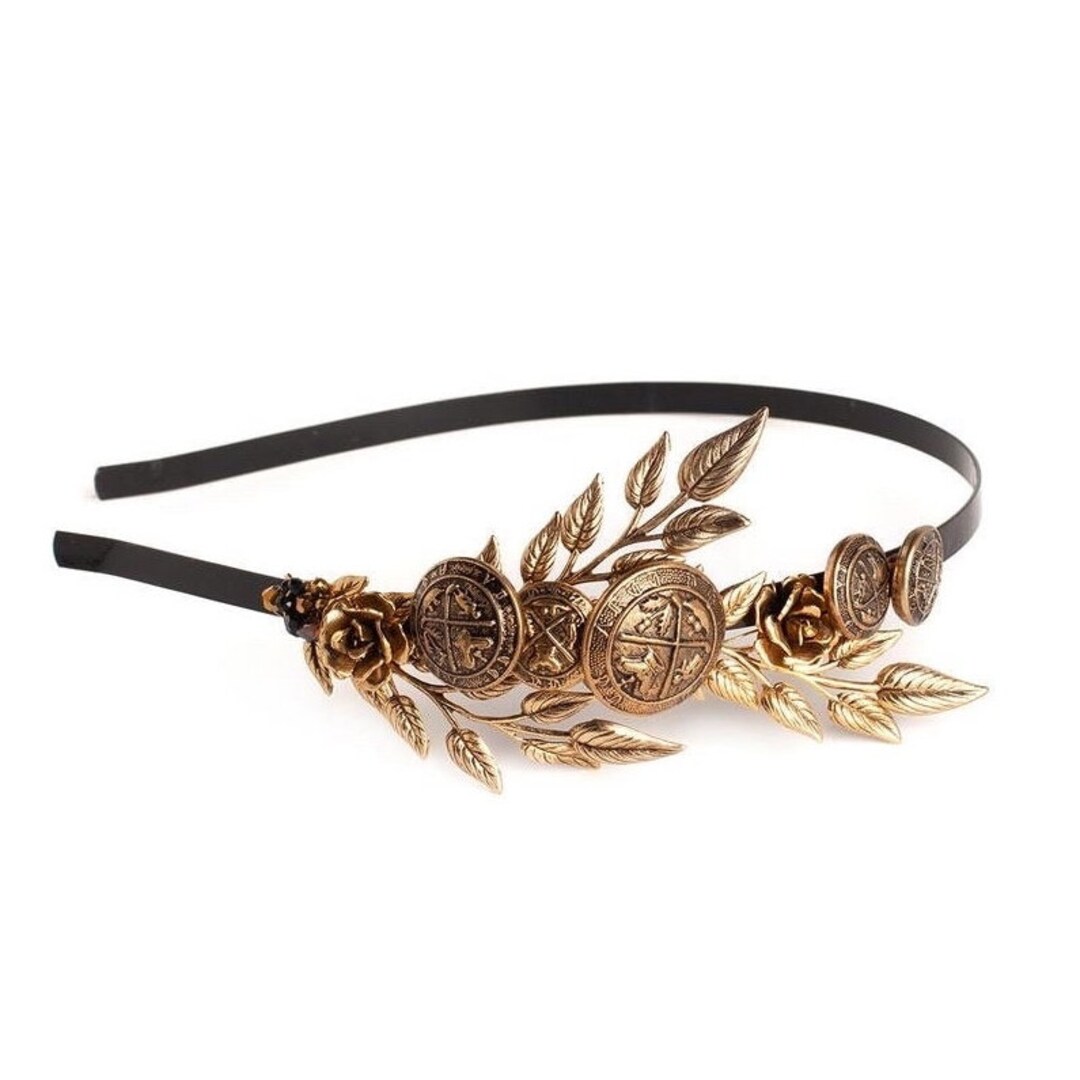 Medieval Gold Headband: Antique Coin & Leaf Crown, Regal Hair Jewelry ...