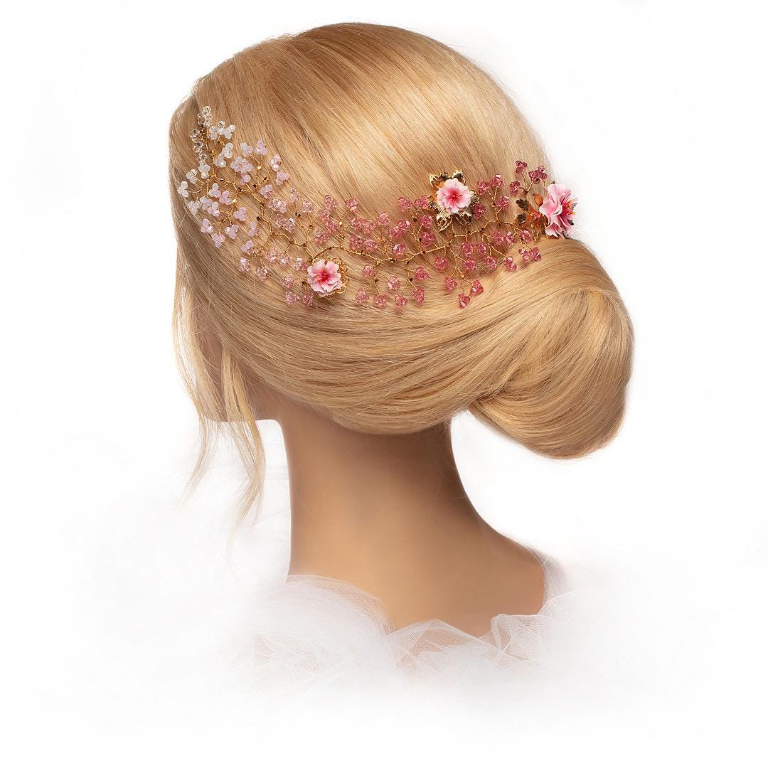 Sakura Vine Comb: Pink Cherry Blossom Gold Bridal Headpiece - Etsy