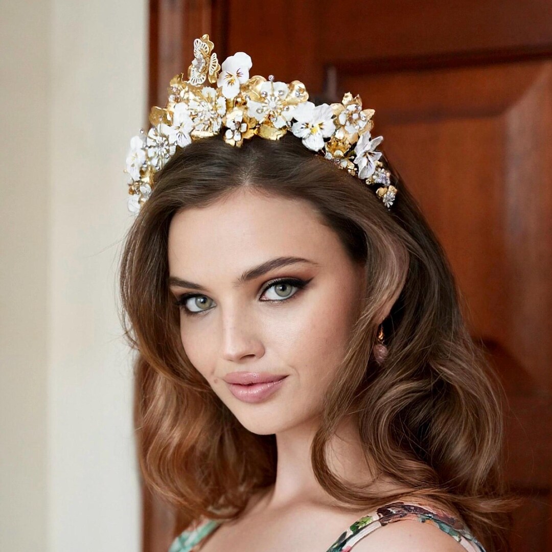 Gold Pansies Flower Crown: Bridal Headpiece With Swarovski Crystals - Etsy