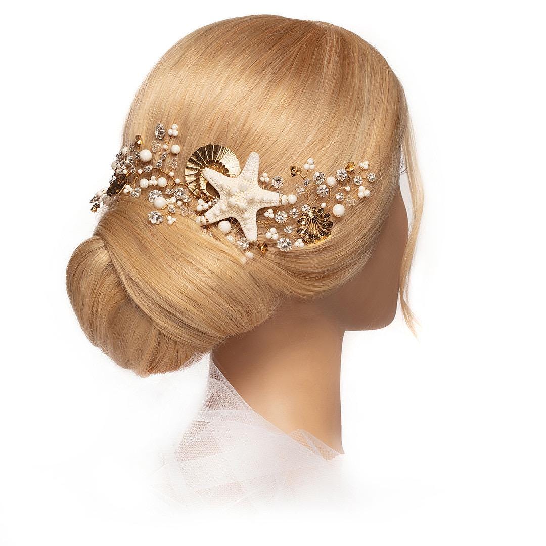 Seashell Vine Comb White Mermaid Bride Gold Floating Headpiece ...