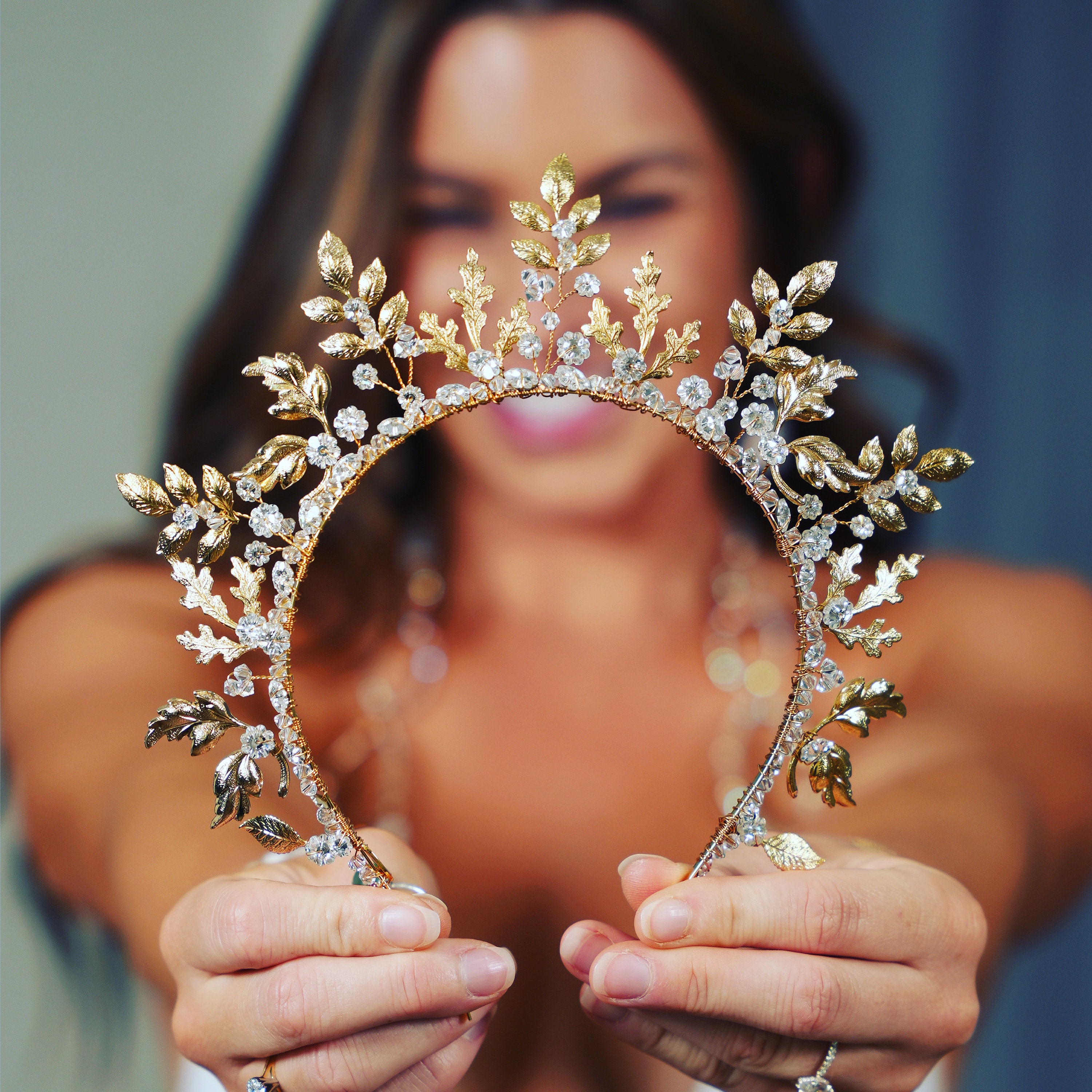 H429 Celestia Headband Crown Gold Leaves Crystals Large Swarovski ...
