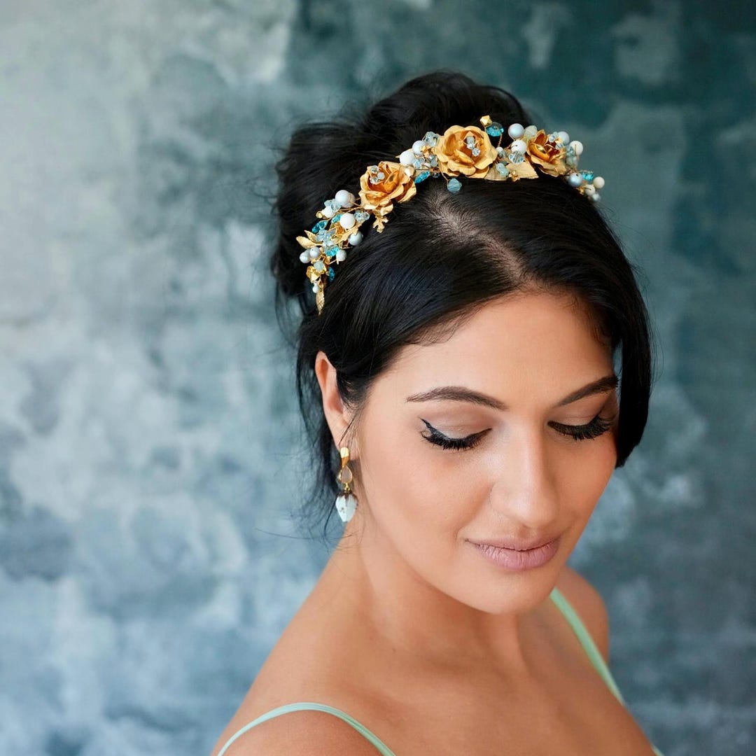 Astral Rose Headband Gold Leaf Azure Flower Crown Pastel Austrian ...