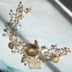 Seashell Vine Comb White Mermaid Bride Gold Floating Headpiece ...