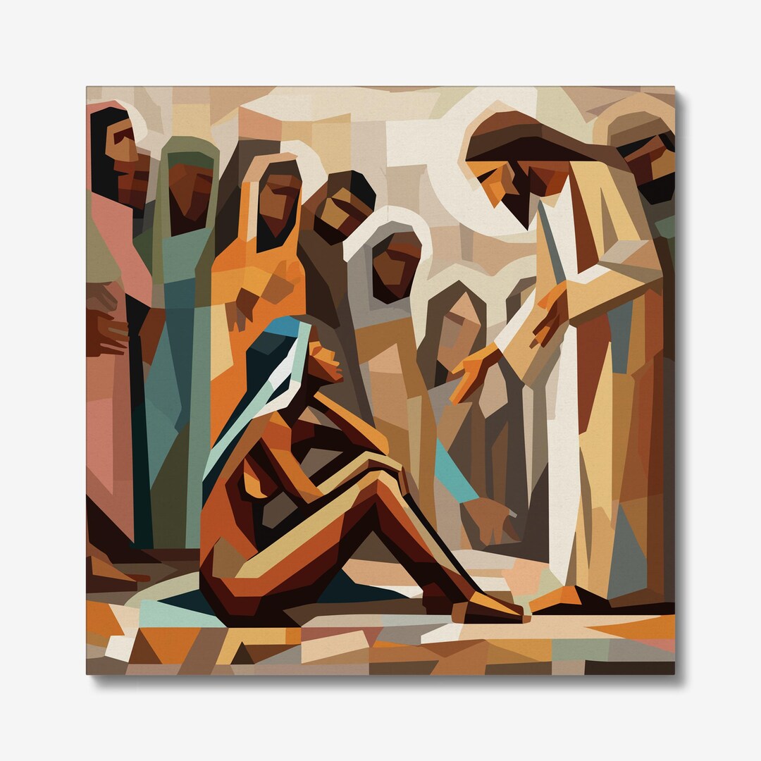 Cubist Biblical Art: Jesus Forgives Woman - John 8 Geometric Painting ...