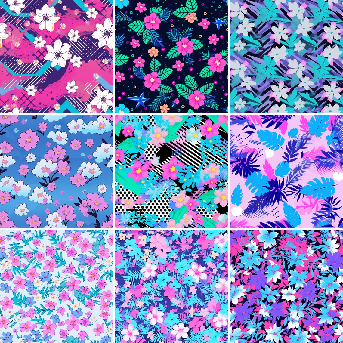 18 Seamless Floral Vaporwave Patterns | Floral Vaporwave | Digital ...