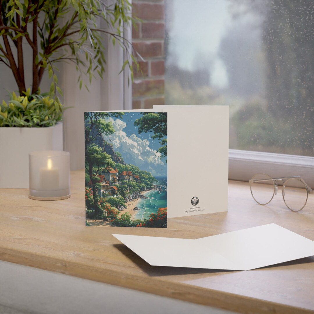 Coastal Village Greeting Card, Azure Sea and Cliffside Houses, Tranquil Seaside Scene - Etsy