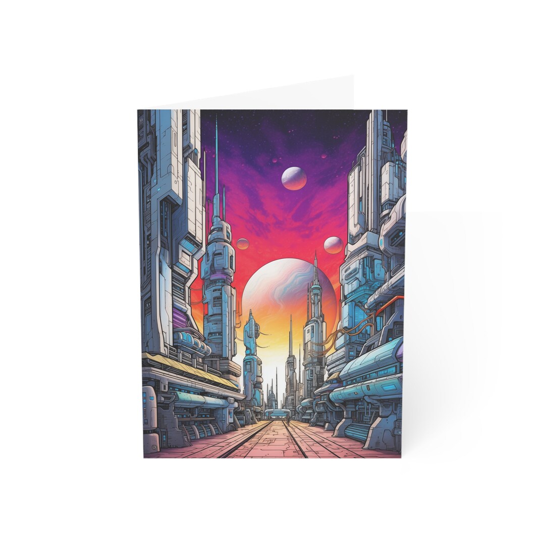 Retro-futuristic Cityscape Greeting Card, Mid-century Modern Sci-fi ...