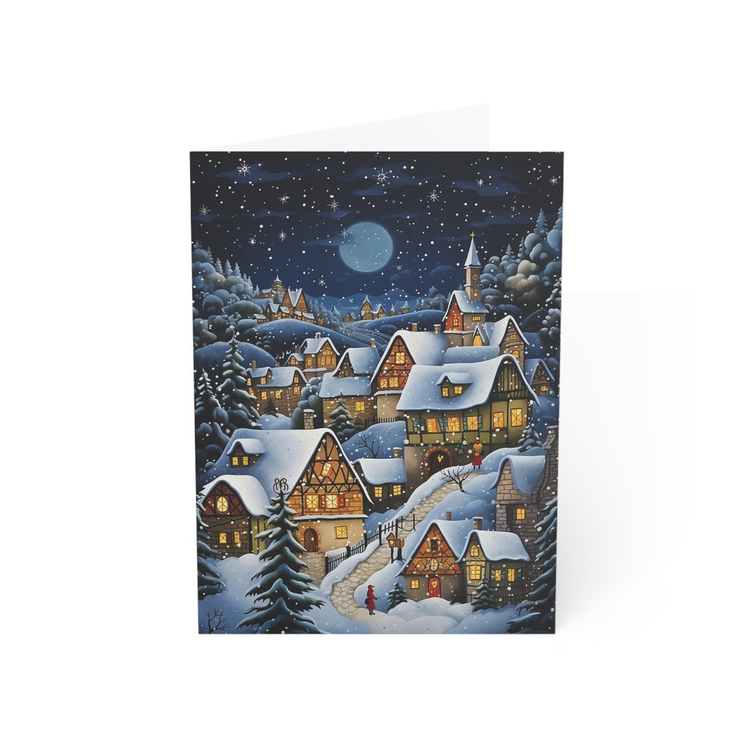 Bavarian Christmas Village Greeting Cards, Starlit Winter Night Scene, Festive Holiday Cards Set ...