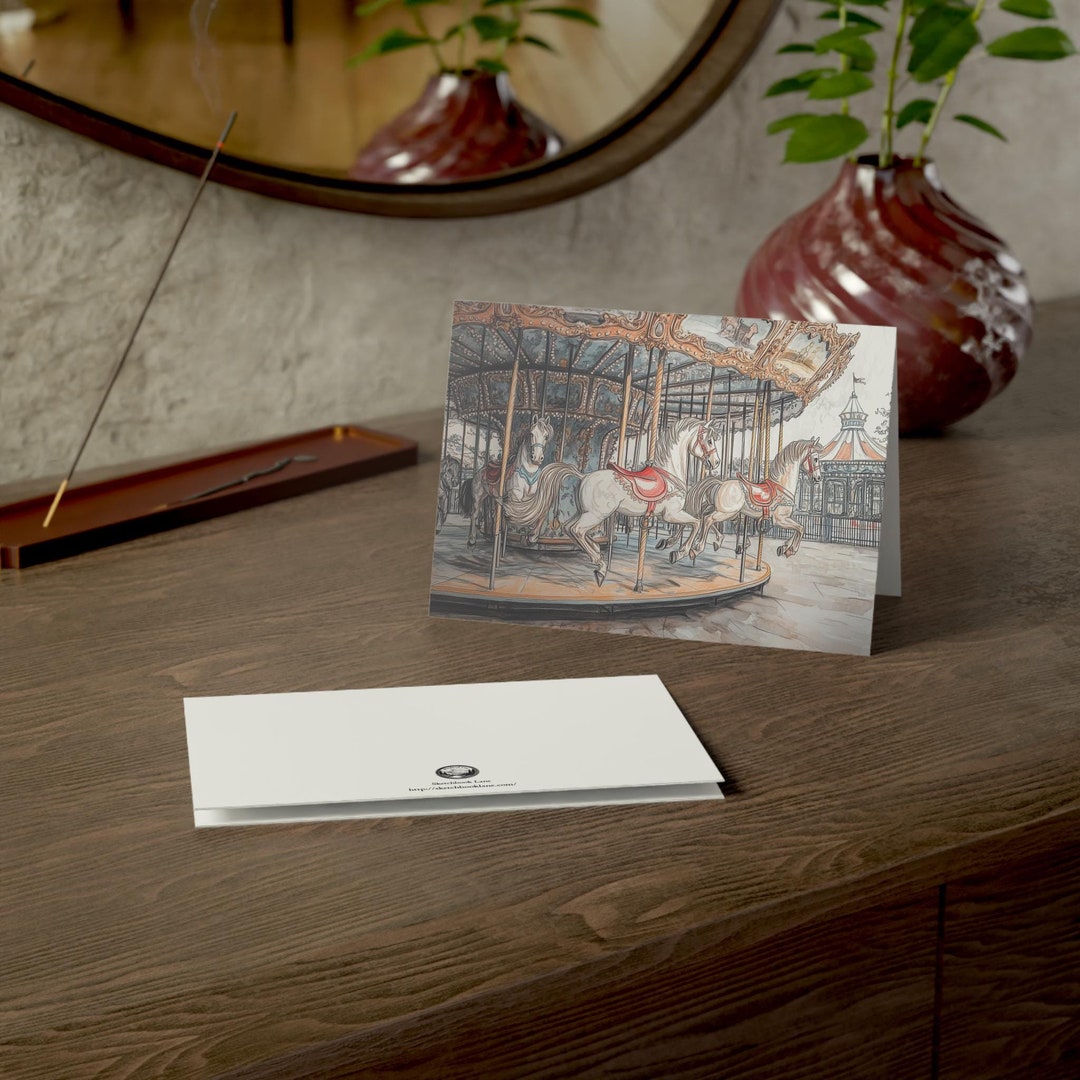 Vintage-style Carousel Greeting Card, Whimsical Illustrated Horses ...