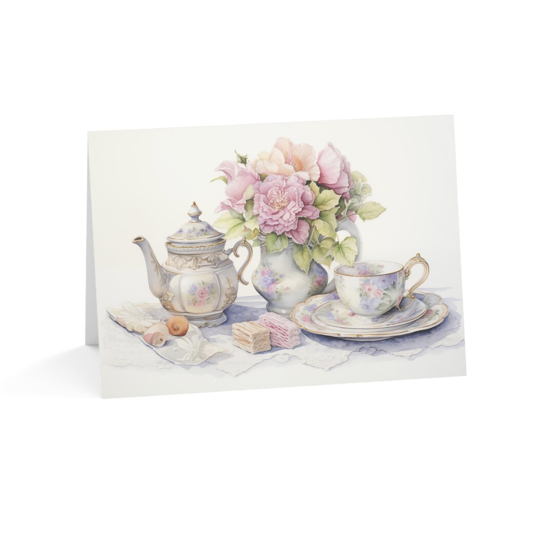 Elegant Victorian Tea Sketch Greeting Card, Vintage Teapot & Floral ...