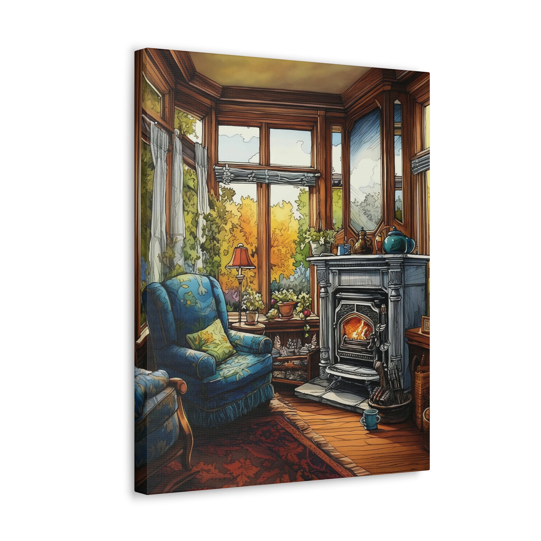 Cozy Room Interior With Fall Scenery, Fireplace Ambiance, Canvas ...