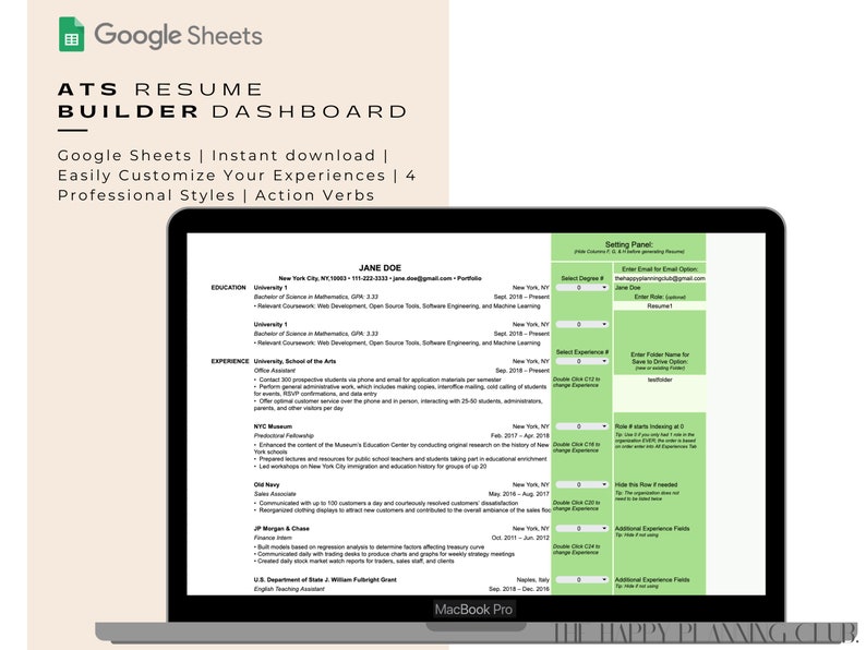 ATS Resume Builder Dashboard | Google Sheets | 4 Professional Resume ...