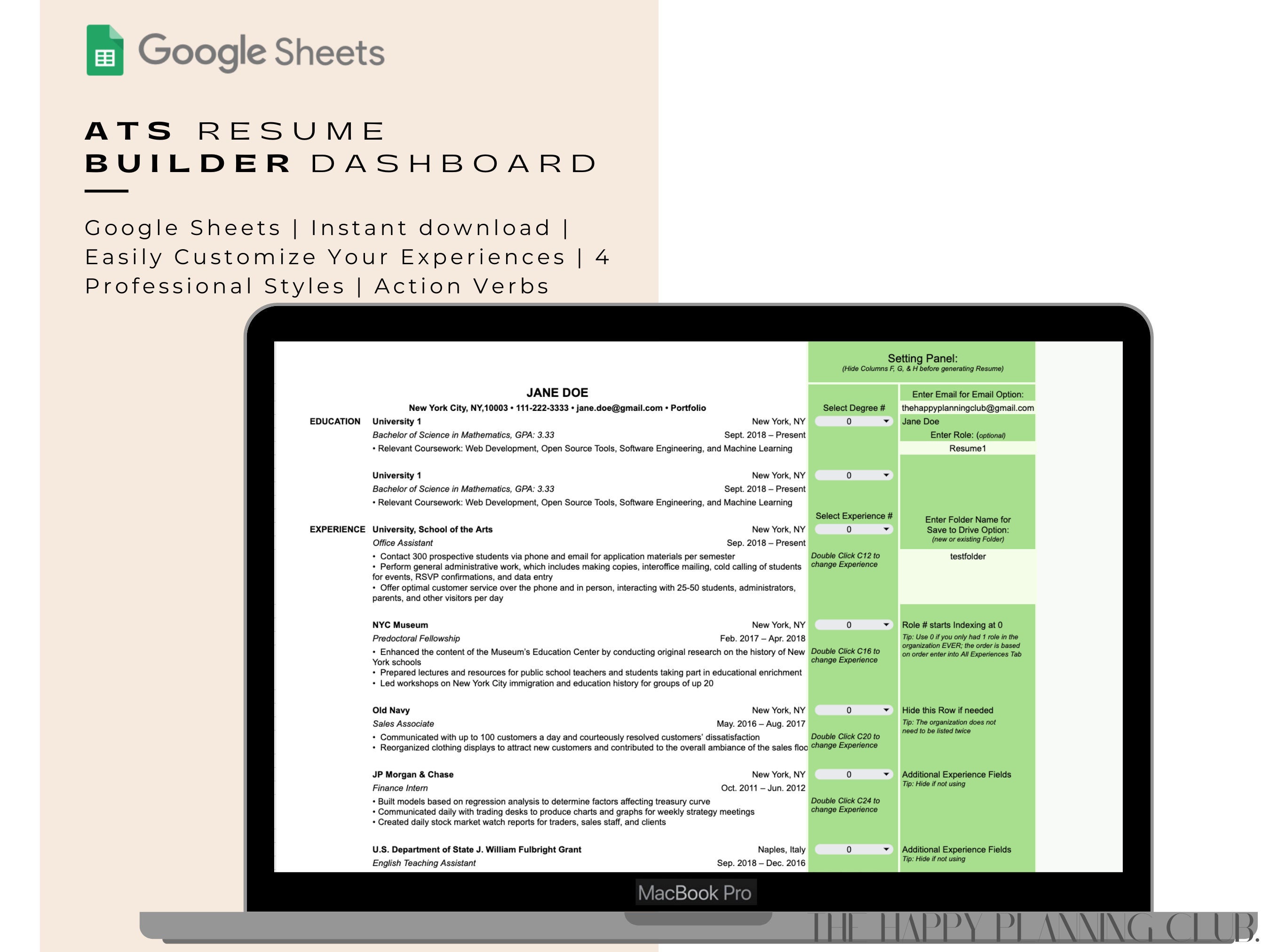 ATS Resume Builder Dashboard | Google Sheets | 4 Professional Resume ...